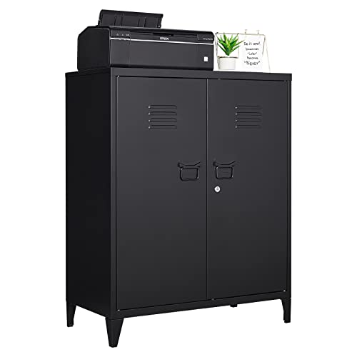 AFAIF Metal Storage Cabinet with Lock, Free Standing Office Cabinet with Doors and Shelves, Lockable Steel Locker Storage Cabinet Black Side Cabinets for Home, Office, Garage and Utility Room,Hallway