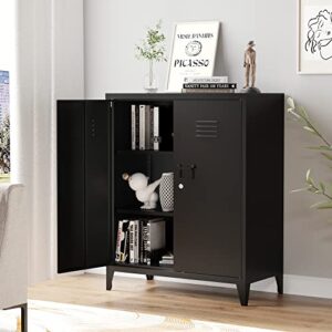 AFAIF Metal Storage Cabinet with Lock, Free Standing Office Cabinet with Doors and Shelves, Lockable Steel Locker Storage Cabinet Black Side Cabinets for Home, Office, Garage and Utility Room,Hallway