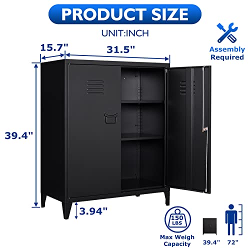 AFAIF Metal Storage Cabinet with Lock, Free Standing Office Cabinet with Doors and Shelves, Lockable Steel Locker Storage Cabinet Black Side Cabinets for Home, Office, Garage and Utility Room,Hallway