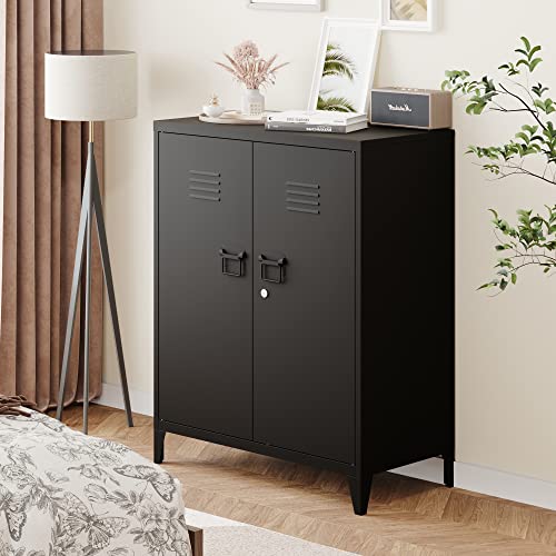 AFAIF Metal Storage Cabinet with Lock, Free Standing Office Cabinet with Doors and Shelves, Lockable Steel Locker Storage Cabinet Black Side Cabinets for Home, Office, Garage and Utility Room,Hallway