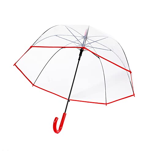 ThreeH Transparent Umbrella Lightwight Windproof Clear Bubble Dome with Easy Grip Handle for Women Kids Stick Rain Umbrella,Red