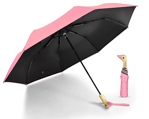 LEAGERA Compact Small Umbrellas for Rain&Sun, Cute Design Duck Head Umbrella for Girls Gifts, 8 Ribs Folding Umbrella with Wooden Handle, Pink