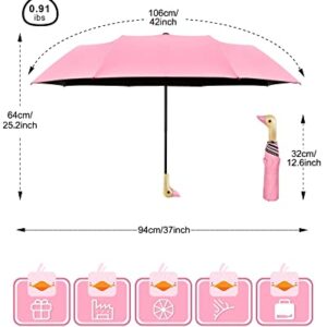 LEAGERA Compact Small Umbrellas for Rain&Sun, Cute Design Duck Head Umbrella for Girls Gifts, 8 Ribs Folding Umbrella with Wooden Handle, Pink