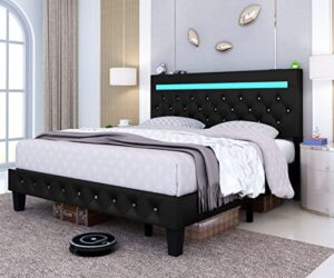 benevika king size bed frame with led light leather platform bed frame with adjustable upholstered headboard, over 60000 colors, app control led lights, no box spring needed, black