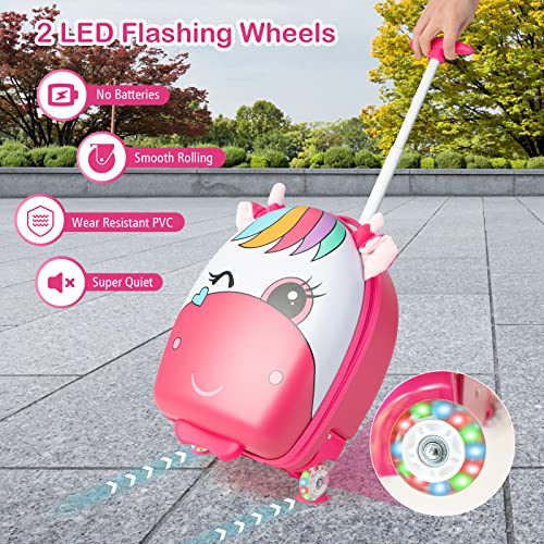 HONEY JOY Kids Luggage, 16” Children Rolling Suitcase w/Light-up Wheels & Telescopic Handle, Hard Shell Lightweight Travel Luggage for Toddlers, Carry On Luggage with Wheels for Boy Girl(Pink Unicorn)