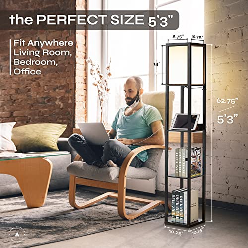 ATAMIN Avery - 63" Floor Lamp with Fast Charging USB, USB-C & Power Outlet, Shelf Floor Lamps for Living Room, Standing Lamp with Charging Station - Black