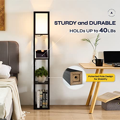 ATAMIN Avery - 63" Floor Lamp with Fast Charging USB, USB-C & Power Outlet, Shelf Floor Lamps for Living Room, Standing Lamp with Charging Station - Black