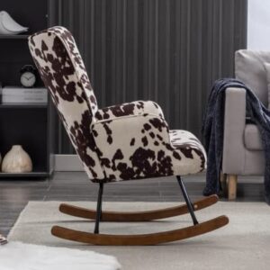 EALSON Nursery Rocking Chair Fabric Upholstered Rocker Chair Tufted Wingback Accent Chair with Wooden Base Modern Comfy Lounge Armchair for Bedroom Living Room, Cow