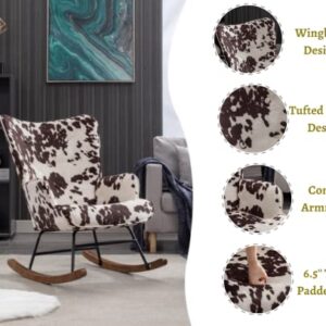 EALSON Nursery Rocking Chair Fabric Upholstered Rocker Chair Tufted Wingback Accent Chair with Wooden Base Modern Comfy Lounge Armchair for Bedroom Living Room, Cow