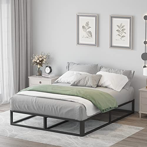 Firpeesy 10 Inch Queen Bed Frame with Round Corner Edges, Low Profile Queen Metal Platform Bed Frame with Steel Slat Support, No Box Spring Needed/Easy Assembly/Noise Free Mattress Foundation