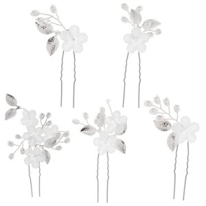 Yolev 5Pcs Peal Flower Hair Pins Bridal Hair Pins Pearl Hair Flower Pins Silver Wedding Hair Pieces Hair Accessories for Women Girls