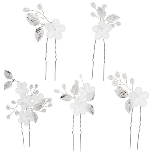 Yolev 5Pcs Peal Flower Hair Pins Bridal Hair Pins Pearl Hair Flower Pins Silver Wedding Hair Pieces Hair Accessories for Women Girls