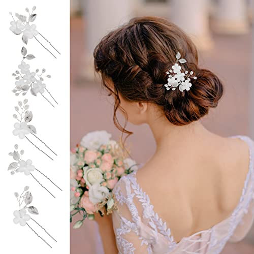 Yolev 5Pcs Peal Flower Hair Pins Bridal Hair Pins Pearl Hair Flower Pins Silver Wedding Hair Pieces Hair Accessories for Women Girls