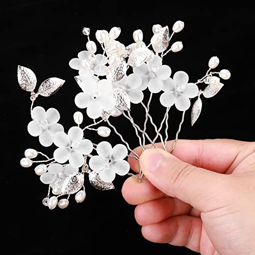 Yolev 5Pcs Peal Flower Hair Pins Bridal Hair Pins Pearl Hair Flower Pins Silver Wedding Hair Pieces Hair Accessories for Women Girls