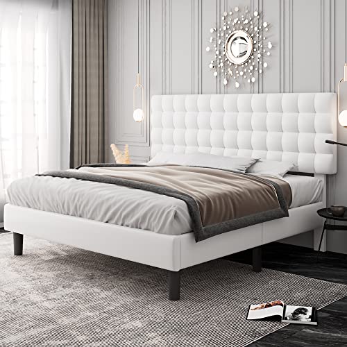 Feonase King Size Bed Frame with Square Stitched Headboard, Faux Leather Upholstered Platform Bed Frame, High-Density Sponge Filled, Solid Wood Slats, No Box Spring Needed, Noise-Free, White