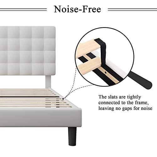 Feonase King Size Bed Frame with Square Stitched Headboard, Faux Leather Upholstered Platform Bed Frame, High-Density Sponge Filled, Solid Wood Slats, No Box Spring Needed, Noise-Free, White