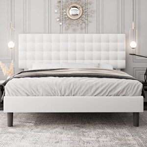 Feonase King Size Bed Frame with Square Stitched Headboard, Faux Leather Upholstered Platform Bed Frame, High-Density Sponge Filled, Solid Wood Slats, No Box Spring Needed, Noise-Free, White