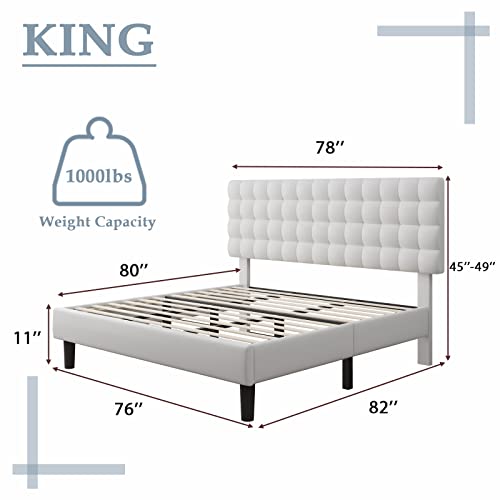 Feonase King Size Bed Frame with Square Stitched Headboard, Faux Leather Upholstered Platform Bed Frame, High-Density Sponge Filled, Solid Wood Slats, No Box Spring Needed, Noise-Free, White