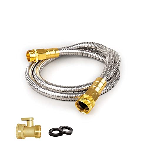 FANGFARM 304 Stainless Steel Metal Garden Hose with Brass Fittings, Shut Off Valve, Water Stop, Heavy Duty Water Hose, Kink Free and Flexible, Crush Resistant, Puncture Resistant(3FT)