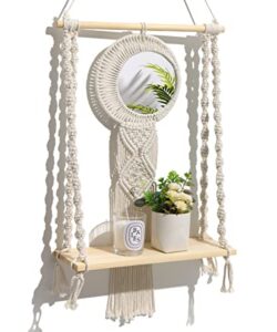 sonefreiy macrame wall hanging shelf boho rope shelves with mirror dreamcatcher bohemian wall decor for bedroom, bathroom, living room