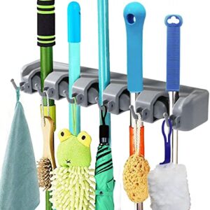 youoklight broom holder wall mount, mop and broom hanger wall mount garden tool organizers storage rack, broom organizer mop holder hanger. for home garden garage and storage, 5 slots, 6 hooks, grey.