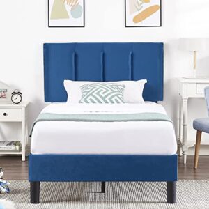 vecelo twin size bed frame, upholstered platform bedframe, adjustable headboard, wood slat support, no box spring needed, easy assembly, blue