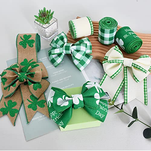 TONIFUL Green and White Wired Burlap Ribbon, 2.5 inch x 6yd, Green Plaid Check Ribbons for St Patrick's Day Decor，Spring Summer Wreath Making, Bows Crafts Gift Wrapping