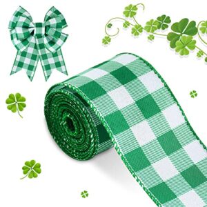 TONIFUL Green and White Wired Burlap Ribbon, 2.5 inch x 6yd, Green Plaid Check Ribbons for St Patrick's Day Decor，Spring Summer Wreath Making, Bows Crafts Gift Wrapping