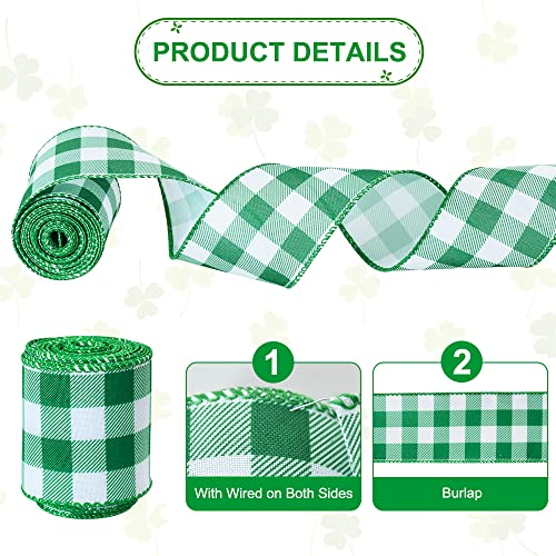 TONIFUL Green and White Wired Burlap Ribbon, 2.5 inch x 6yd, Green Plaid Check Ribbons for St Patrick's Day Decor，Spring Summer Wreath Making, Bows Crafts Gift Wrapping