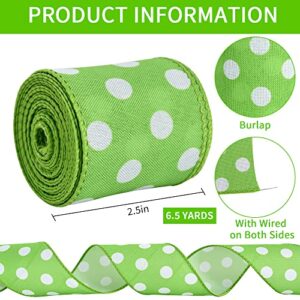 TONIFUL 2.5 Inch Wired Edge Ribbon, Green Polka Dots Burlap Ribbon, Summer Spring Wired Ribbon, for Gift Wrapping, Wreath Bows Making, Crafts Home Decoration, Easter Decor（Green，6yds）