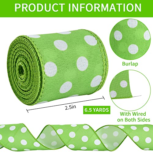 TONIFUL 2.5 Inch Wired Edge Ribbon, Green Polka Dots Burlap Ribbon, Summer Spring Wired Ribbon, for Gift Wrapping, Wreath Bows Making, Crafts Home Decoration, Easter Decor（Green，6yds）