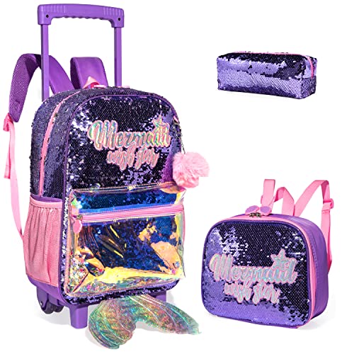 kids Rolling Kid Travel Toddler Duffle Bag Mermaid Backpack for Girls Carry on Luggage Roller Computer Suitcase with Pencil Case and Lunch Box Wheels Wheeled Sequins Backpacks Gradient Purple