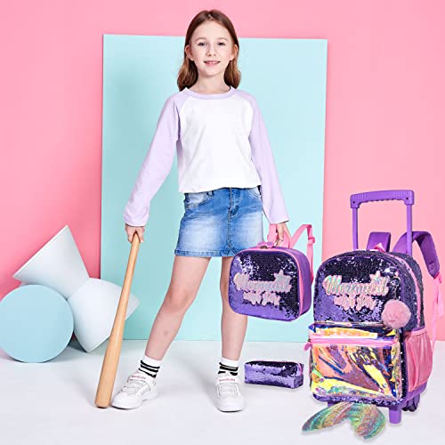 kids Rolling Kid Travel Toddler Duffle Bag Mermaid Backpack for Girls Carry on Luggage Roller Computer Suitcase with Pencil Case and Lunch Box Wheels Wheeled Sequins Backpacks Gradient Purple