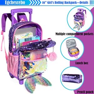 kids Rolling Kid Travel Toddler Duffle Bag Mermaid Backpack for Girls Carry on Luggage Roller Computer Suitcase with Pencil Case and Lunch Box Wheels Wheeled Sequins Backpacks Gradient Purple