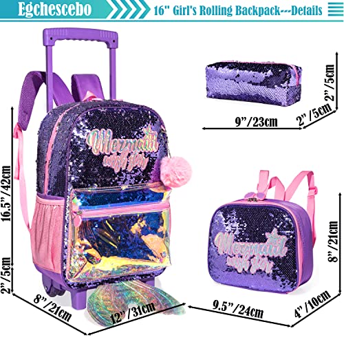 kids Rolling Kid Travel Toddler Duffle Bag Mermaid Backpack for Girls Carry on Luggage Roller Computer Suitcase with Pencil Case and Lunch Box Wheels Wheeled Sequins Backpacks Gradient Purple