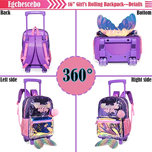 kids Rolling Kid Travel Toddler Duffle Bag Mermaid Backpack for Girls Carry on Luggage Roller Computer Suitcase with Pencil Case and Lunch Box Wheels Wheeled Sequins Backpacks Gradient Purple