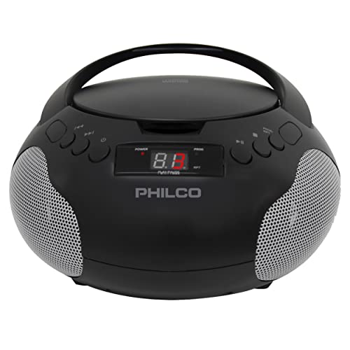 Philco Portable CD Player Boombox with Speakers and AM FM Radio | Black Boom Box CD Player Compatible with CD-R/CD-RW and Audio CD | 3.5mm Aux Input | Stereo Sound | LED Display | AC/Battery Powered