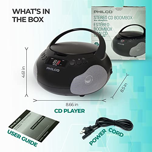 Philco Portable CD Player Boombox with Speakers and AM FM Radio | Black Boom Box CD Player Compatible with CD-R/CD-RW and Audio CD | 3.5mm Aux Input | Stereo Sound | LED Display | AC/Battery Powered