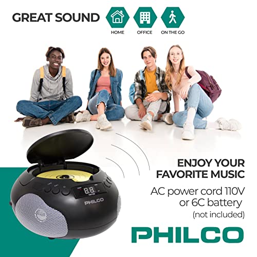 Philco Portable CD Player Boombox with Speakers and AM FM Radio | Black Boom Box CD Player Compatible with CD-R/CD-RW and Audio CD | 3.5mm Aux Input | Stereo Sound | LED Display | AC/Battery Powered