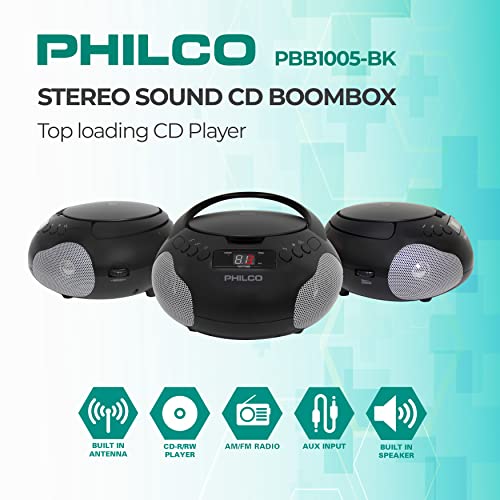 Philco Portable CD Player Boombox with Speakers and AM FM Radio | Black Boom Box CD Player Compatible with CD-R/CD-RW and Audio CD | 3.5mm Aux Input | Stereo Sound | LED Display | AC/Battery Powered