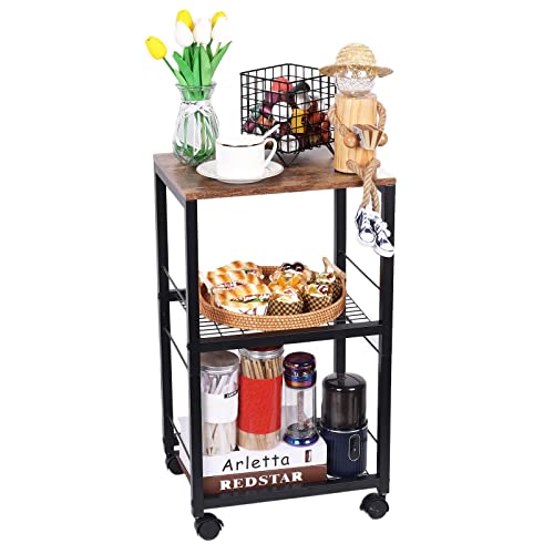 Zhanyun 3 Tier Rolling Cart, Kitchen Storage Shelves,with Storage and Steel Frame, Multifunctional Utility Cart for Kitchen, Bathroom, Living Room, Bar, Office (3 Tie)