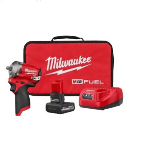 milwaukee m12 fuel 12-volt lithium-ion brushless cordless stubby 3/8 in. impact wrench kit with (1) high output 5.0 ah battery