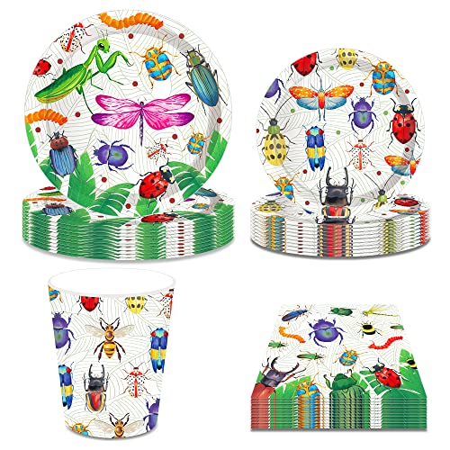 68 Pieces Bug Party Supplies Bugs Theme Party Tableware Kit Including Bug Birthday Party Paper Plates Cups Napkins Plastic Cutlery Straw Set for Bug Themed Birthday Baby Shower Decor,16 Guests