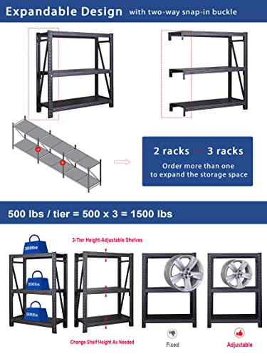 BIBKOK 3-Tier Industrial Shelving Rack, Heavy Duty Workshop Storage Rack, Adjustable Metal Garage Shelf,1500lbs Capacity for Warehouse Basement Storeroom Supermarket