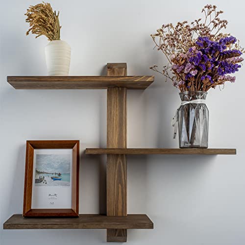 XWNE Variable Wood Floating Shelves, max 24.4 inch Storage Display Rustic Wall Shelves for Living Room Bathroom Bedroom Kitchen Office Farmhouse-3 Tier -Walnut Color