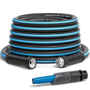 greener heavy duty garden hose 50ft, 5/8" flexible hybrid rubber hose, kink-resistant water hose with leakproof swivel grip, 3/4in solid fittings and functional nozzle, for outdoor garden lawn,blue