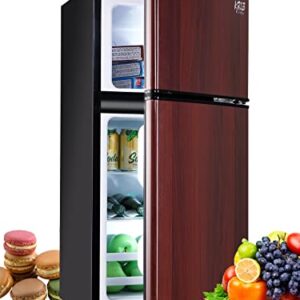 KRIB BLING Compact Refrigerators with Freezer on Top, Mini Fridge with 7- Level Adjustable Thermostat, Small Refrigerator for Apartment, Office, Camping, Wood