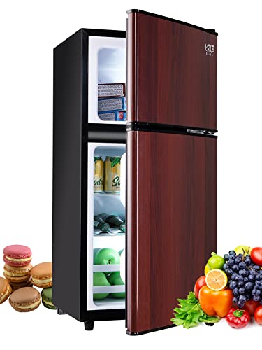 KRIB BLING Compact Refrigerators with Freezer on Top, Mini Fridge with 7- Level Adjustable Thermostat, Small Refrigerator for Apartment, Office, Camping, Wood