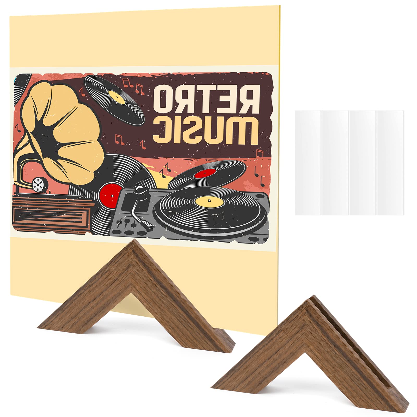 TIMCORR Vinyl Record Holder Set : Vinyl Wall Mount for Record Display, Pine Wood Album Shelf with Sticky Transparent Tapes Hanging on the Wall (Beech Wood Set of 2) (Walnut Wood Set of 2)