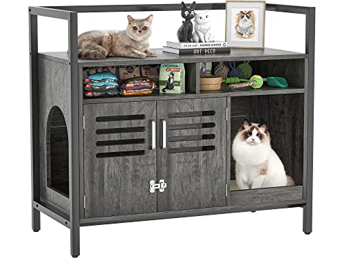 Homieasy Litter Box Enclosure, Cat Litter Box Furniture Hidden, Cat Washroom Cabinet with Lockable Louvered Door and Cat Scratch Pad, Black Oak